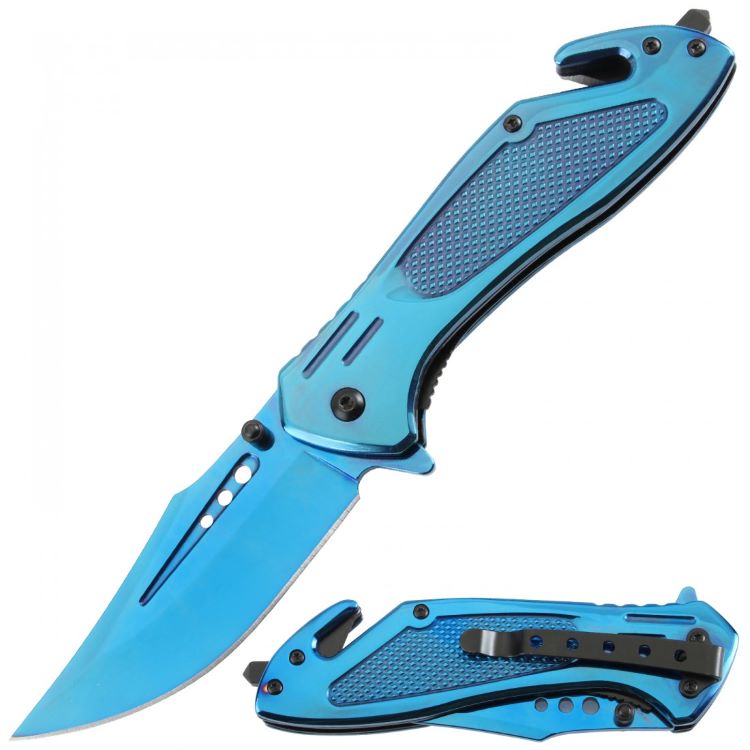 Spring-Assisted Clip Point Knife With Titanium Coated Handle - Blue