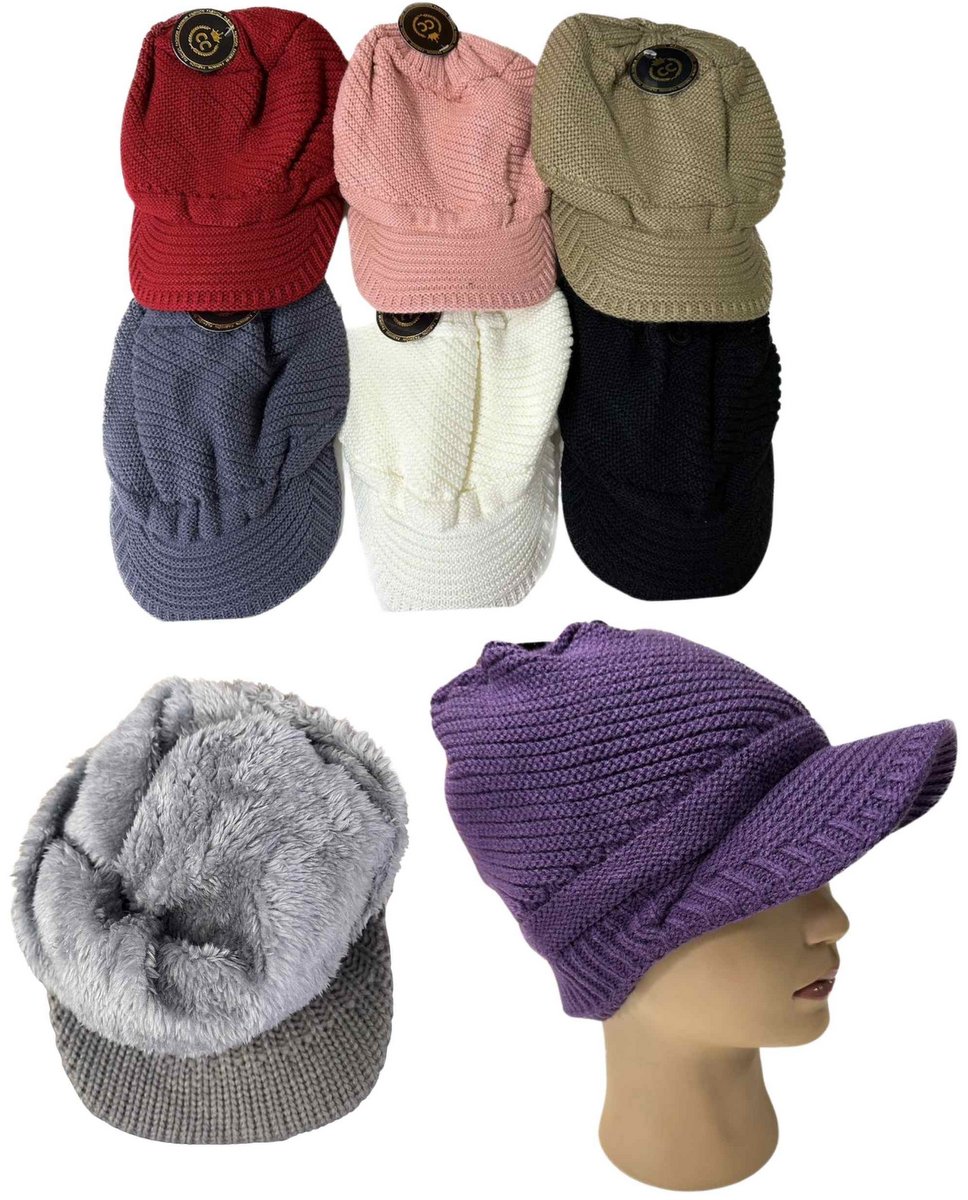 Solid Color Knitted Ladies Winter Hats With Bill - Assorted