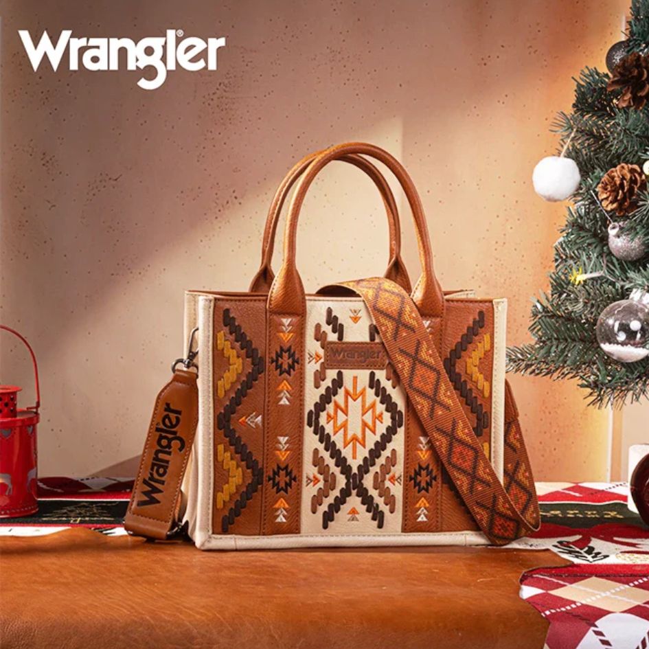 Wrangler Aztec Style Tote Bag With Whipstitch Embroidery - Brown